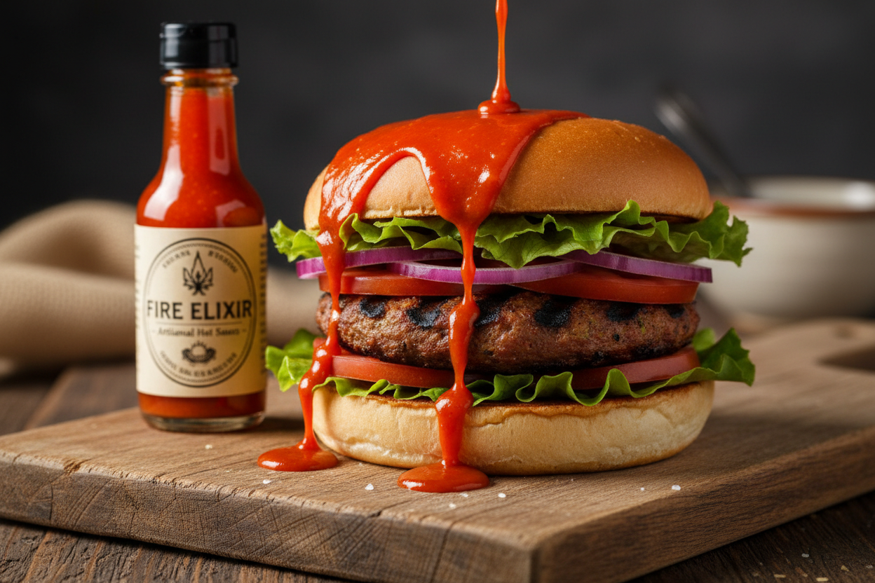 Plant-Based Burgers With Hot Sauce – Hearth Fire Sauce